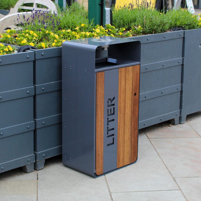Contour Slimline Litter Bin with Iroko Wood Panels